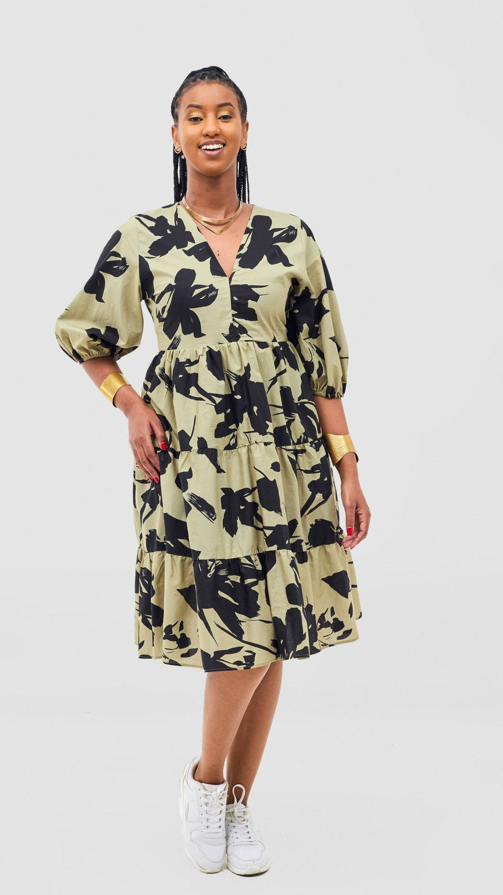 Safari Naledi Bishop Sleeve Tiered Dress - Olive / Black Wia Print ...