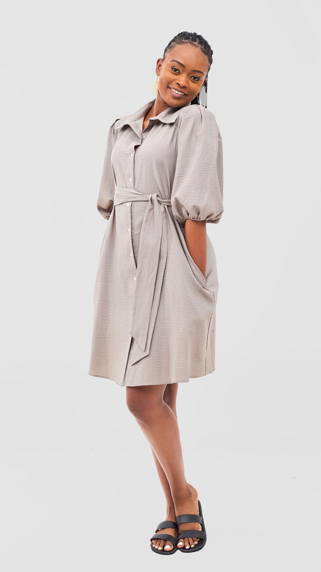 Safari Naledi 3/4 Sleeve Tent Dress - Taupe Puff Stripes – Safari By Vivo